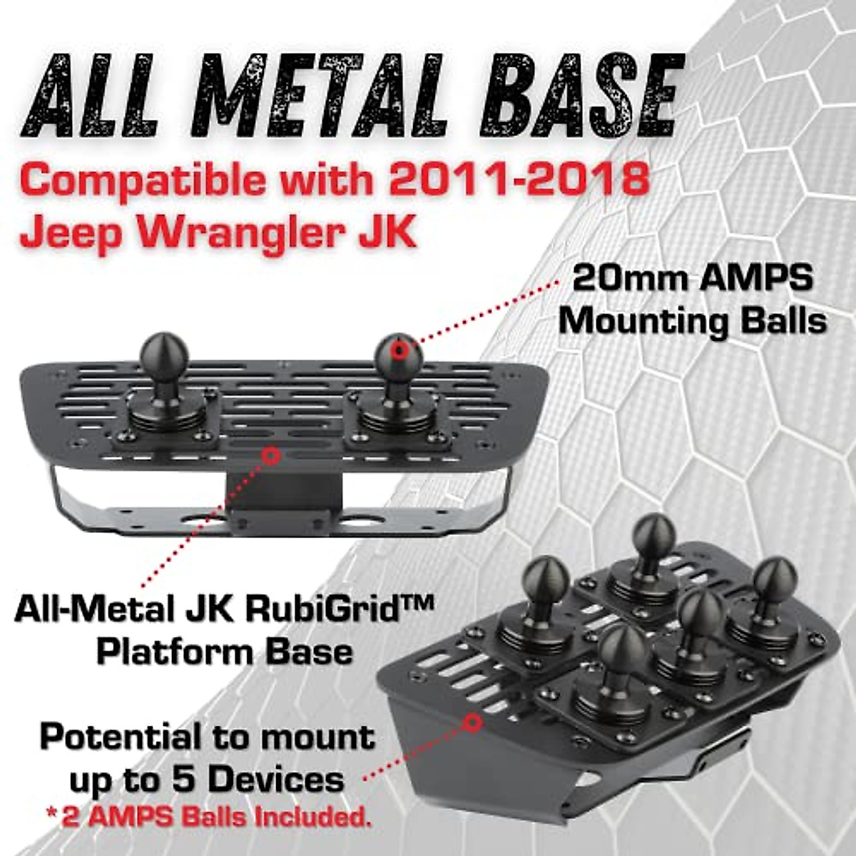 Bulletpoint Dash Mount Cell Phone Holder Compatible with 2011-2018 Jeep Wrangler JK JKU 20mm Ball Mount (RubiGrid Multi-Device Mount)