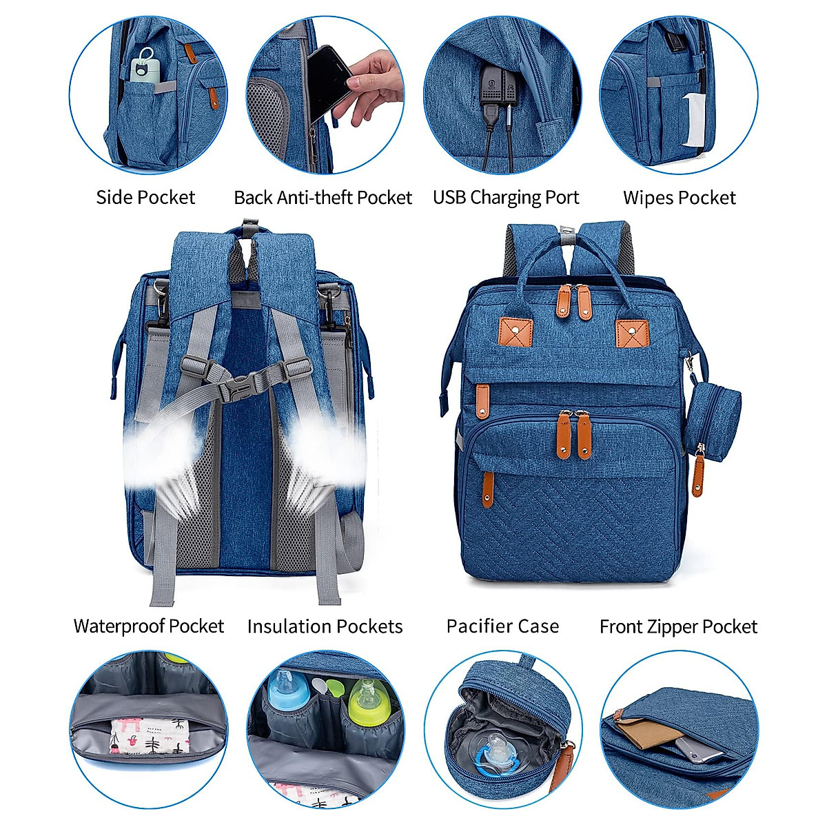 KABAQOO Diaper Bag Backpack, Large Baby Diaper Bags for Boys Girls, Baby Bag with USB Charging Port, Multifunction Waterproof Travel Back Pack for Moms Dads, Blue