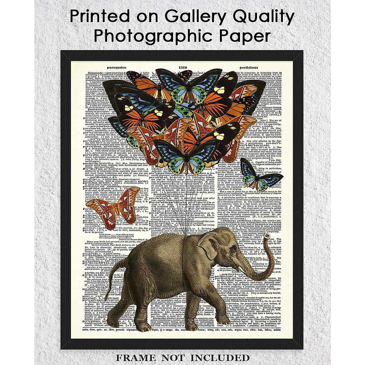 Elephant With Butterfly Balloons Dictionary Wall Art Print: Unique Room Decor for Boys, Men, Girls & Women - (8x10) Unframed Picture
