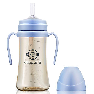 GROSMIMI PPSU Spill Proof Magic Sippy Cup 10 oz (Sky Blue) + Replacements (Straw kit 2-counts, Stage 1)