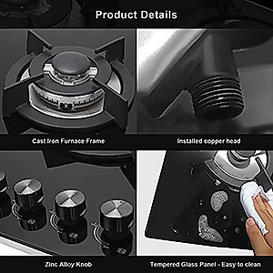 Gas Cooktop 30 inches 5 Burners in Tempered Glass, Built In Gas Stove Gas Hob Stovetop with Cast Iron Grates, LPG/NG Convertible and Easy to Clean