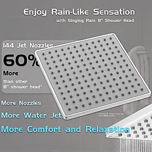 8'' Rain Shower Head with 15'' Extension Arm- 𝟮 𝗳𝗼𝗿 𝟭 𝗖𝗼𝗺𝗯𝗼 Large Surface Fixed Square Shower Head- Extra Long Adjustable Shower Head Extension Arm- Singing Rain Ultimate Shower Experience
