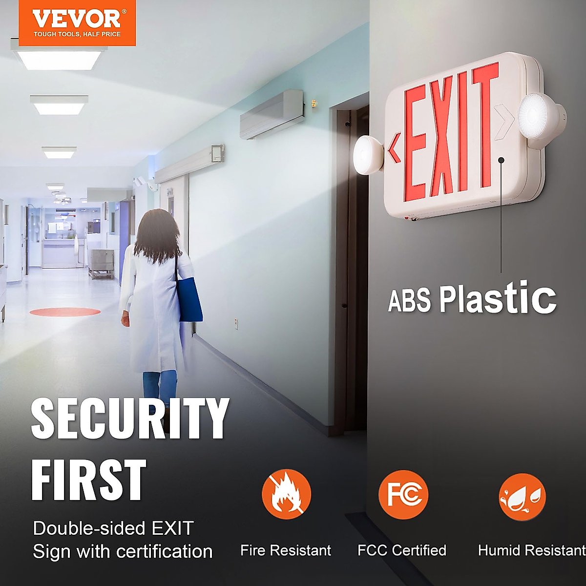 VEVOR LED Exit Sign with Emergency Lights, Two LED Adjustable Heads Emergency Exit Light with Battery Backup, Combo Red Letter Fire Exit Lighting, Commercial Exit Signs, 4 Pack