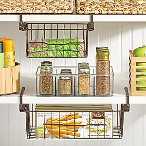 mDesign Compact Hanging Pullout Drawer Basket - Sliding Under Shelf Storage Organizer - Metal Wire - Attaches to Shelving - Easy Install - for Kitchen, Pantry, Cabinet - Bronze