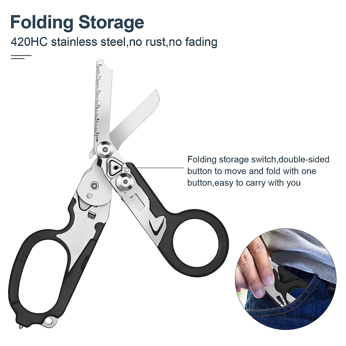 Dekeliy 6 In1 Multifunction Emergency Response Shears, Stainless Steel Foldable Trauma Shears with Strap Cutter and Glass Breaker,Medical Scissors with Holster and Penlight