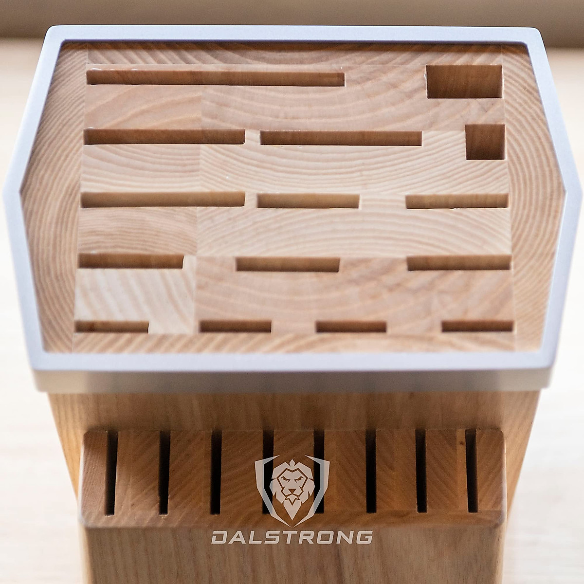 DALSTRONG Universal Knife Block - 23 Slots - Premium American Ash Wood - Aluminum Alloy Rim Kitchen Set - Lion Head Logo Badge - Premium Craftsmanship Knife Set - Angled For Ergonomics - Cleans Easily