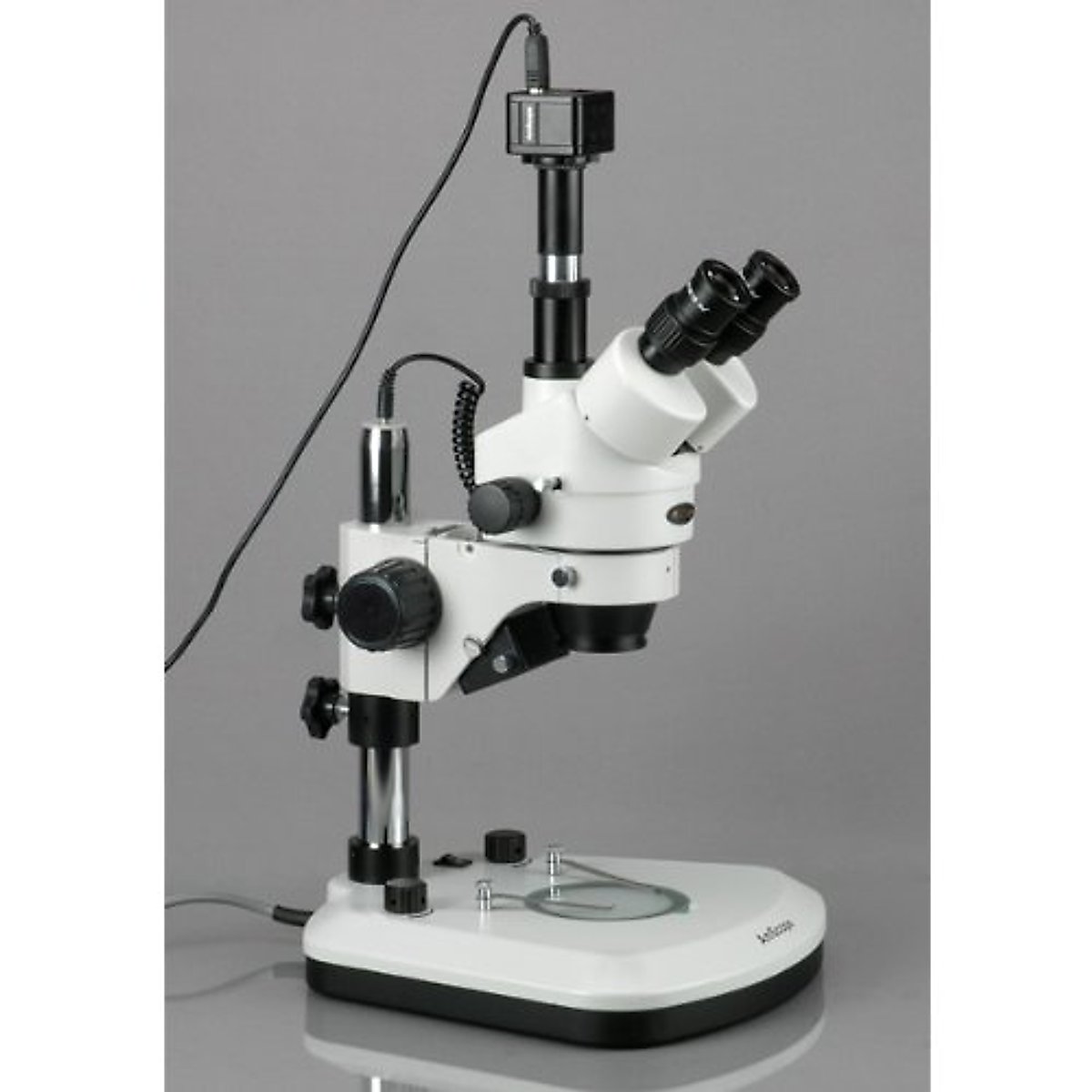 AmScope SM-1TZ-PL-5M Digital Professional Trinocular Stereo Zoom Microscope, WH10x Eyepieces, 3.5X-90X Magnification, 0.7X-4.5X Zoom Objective, Upper and Lower LED Lighting, Large Pillar-Style Table Stand, Includes 0.5X and 2.0X Barlow Lenses and 5MP Came