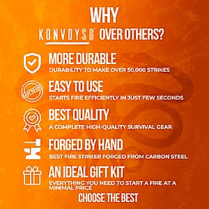 KonvoySG Carbon Steel Fire Striker, English Flint Stone & Char Cloth Traditional Hand Forged Fire Starter, Leather Gift Kit with Emergency Tinder Jute Bag (Cognac)