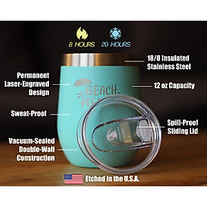 Beach Please - Travel Wine Tumbler with Sliding Lid - Stemless Stainless Steel Insulated Cup - Cute Funny Outdoor Camping Item - Teal