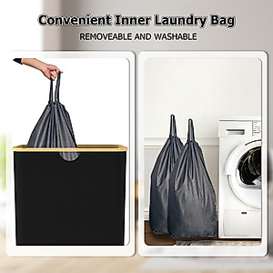 150L Laundry Basket with Lid, Large Double Laundry Hamper with Bamboo Handles, Removable Laundry Bags, 2 Section Dirty Clothes Hamper, Collapsible Towel Basket for Bedroom, Bathroom, Dorm, Black