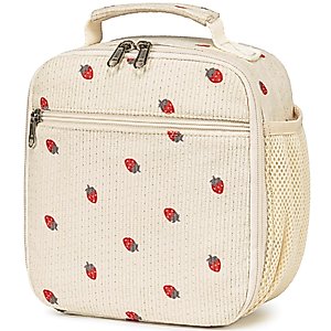 LEDAOU Lunch Box Kids Lunch Bag Insulated Cute Lunchbox Reusable Small Toddler Lunch Bags for School Travel or Picnic(Strawberry beige)