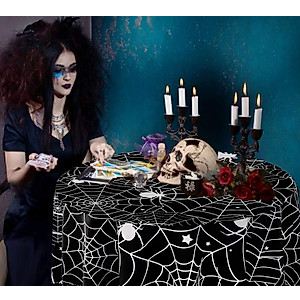 60 Inch Round Polyester Tablecloth, Halloween Black Spider Web Table Cloth, Spillproof Washable Polyester Table Cover - Perfect for Halloween Party Decorations