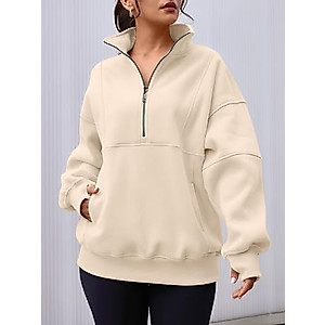 AUTOMET Women's Half Zip Oversized Sweatshirts Fleece Pullover Long Hoodies Casual Mock Turtleneck Sweaters with Pockets Apricot XL