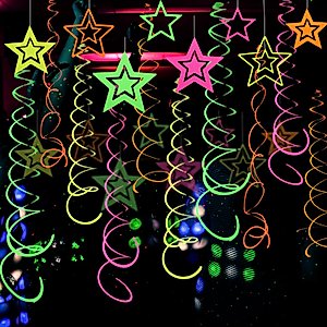 54 Pieces UV Hanging Swirl Paper Neon Star Garlands Neon Streamers Glow Party Supplies and Decorations Black Light Neon Decorations for Dark Glow Party UV Reactive Wedding Birthday Neon Party Favors