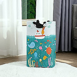 Rabbit Hare on Ship Dolphin Sea Turtle Fishes Octopus Turquoise Ocean Laundry Hamper Basket Bucket, Foldable Dirty Clothes Bag, Waterproof Fabric Washing Bin, Toy Storage with Handles for Bathroom