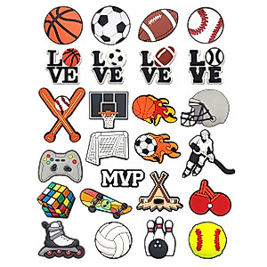 JunxinGYL 25Pcs Shoe Charms for Boys Shoe Decorations Football Basketball Baseball with Buttons for Clog Sandals Birthday Party Gift