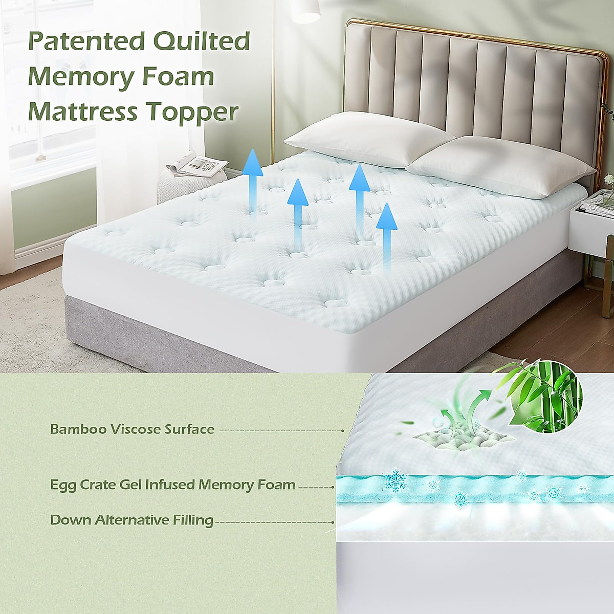 Hansleep Memory Foam Mattress Topper Queen Size, Mattress Pad Queen Size with Deep Pocket, Breathable Air Mattress Cover, 60x80 Inches