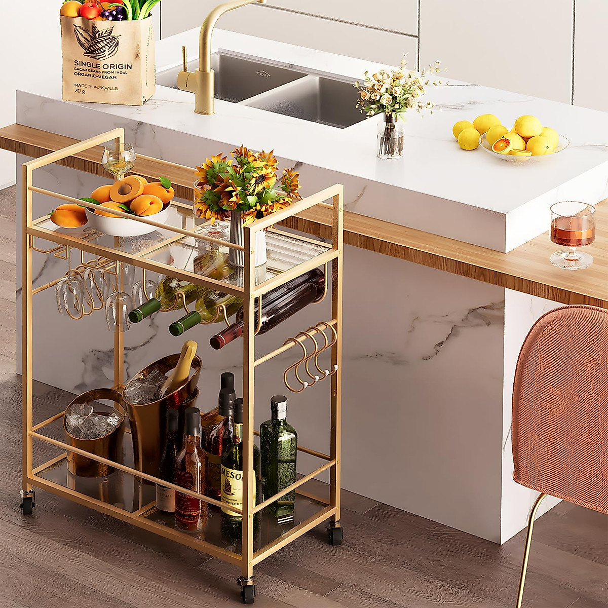 Bar Cart Rose Gold Home Bar Serving Mobile Cart, 2 Tiers Wine Cart with Wine Rack and Glass Holder, Modern Rolling Alcohol Wine Cart, Wine Holders for Home Kitchen Dining Living Room and Party Copper