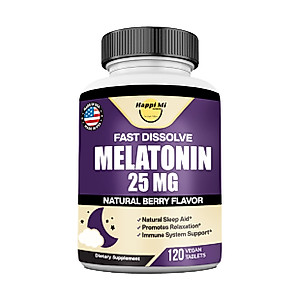 Happi Mi Nutrition Melatonin 25mg, Extra Strength with L-Theanine & Vitamin B-6, Fast Dissolve Tablets, Sleep Support, Relaxation, Restful Sleep, Drug Free, Natural Berry Flavor, 120 Chewable Tablets