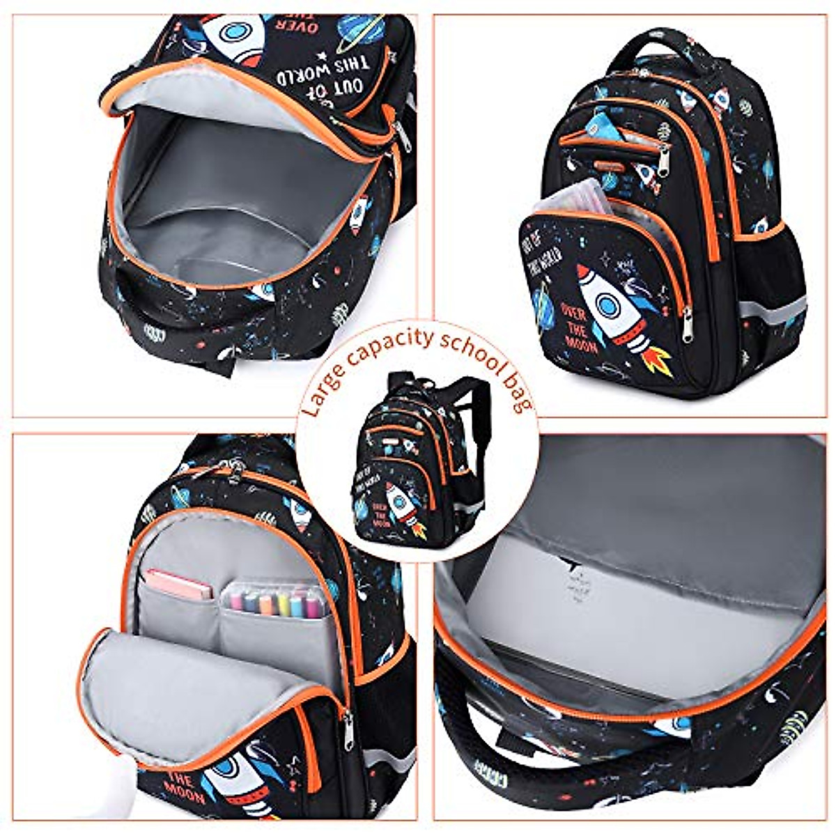 Cusangel Boys Backpack Kids Backpack for Boy Elementary Preschool School Bags 17 Inch Space Backpack Multi Compartment,Sturdy Durable Chest Strap Side Pockets larger size for Age 8-12 (Space-Black)