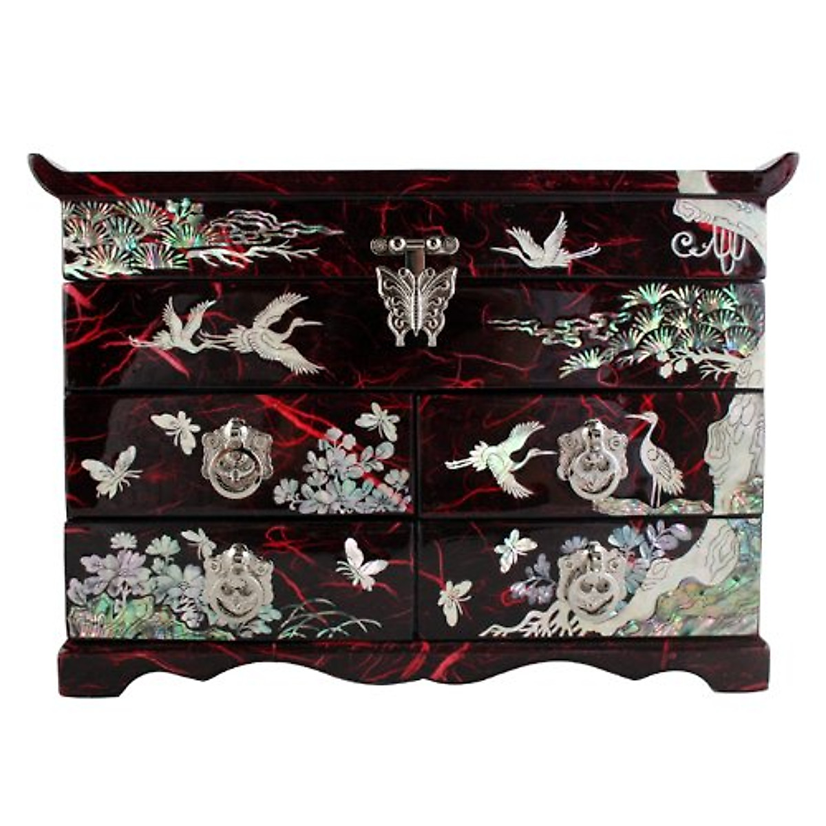 Mother of Pearl Crane and Pine Tree in Red Mulberry Paper Design Wooden Jewelry Mirror Trinket Keepsake Treasure Drawer Lacquer Box Case Chest Organizer