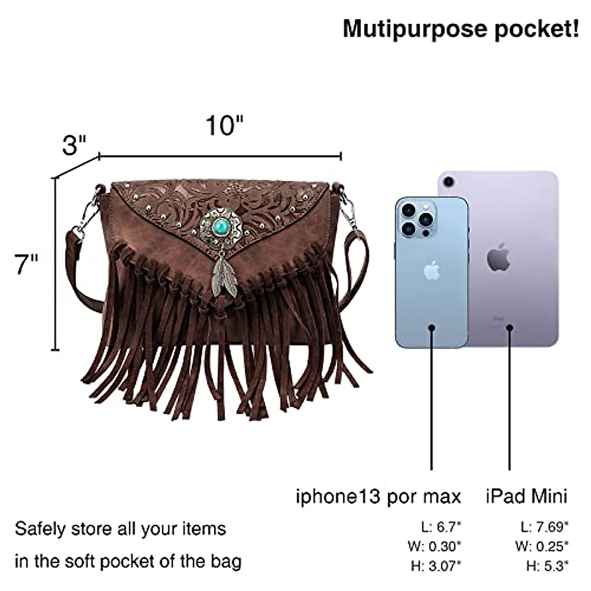 LAVAWA Small Crossbody Bags for Women Crossbody Handbag Fringe Purse Tassel Shoulder Bag Turquoise Concho Wallet