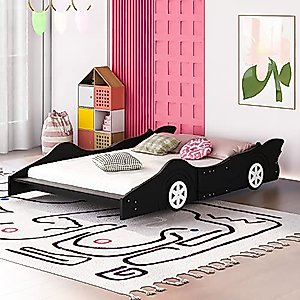 AIDEPAI Twin Size Race Car-Shaped Platform Bed with Wheels White Safe Wooden Platform Bed Frame Twin Beds Frame Bed for Kids Boys Girls Teens (Black, Twin)