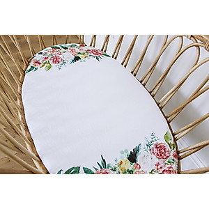 NODNAL CO. Pink Floral Bassinet Fitted Sheet - 100% Cotton for Baby Girl - Peony and Eucalyptus Flowers Universal Fitted Cover Sheets (Pink Floral Border)