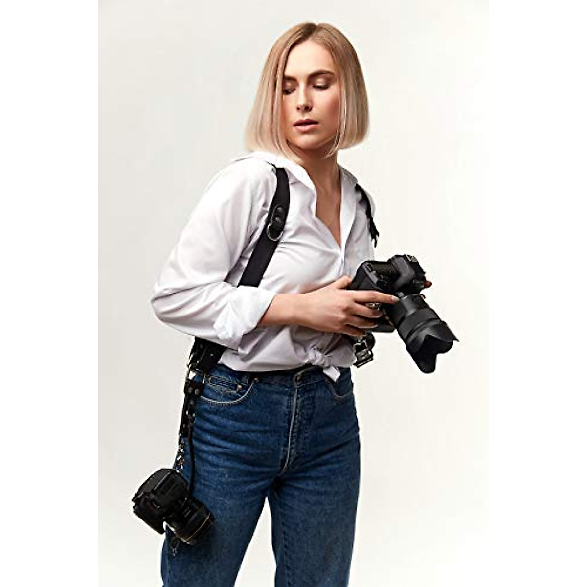 Camera Strap Accessories for Two-Cameras – Dual Shoulder Leather Harness – Multi Camera Gear for DSLR/SLR Black ProInStyle strap by Coiro