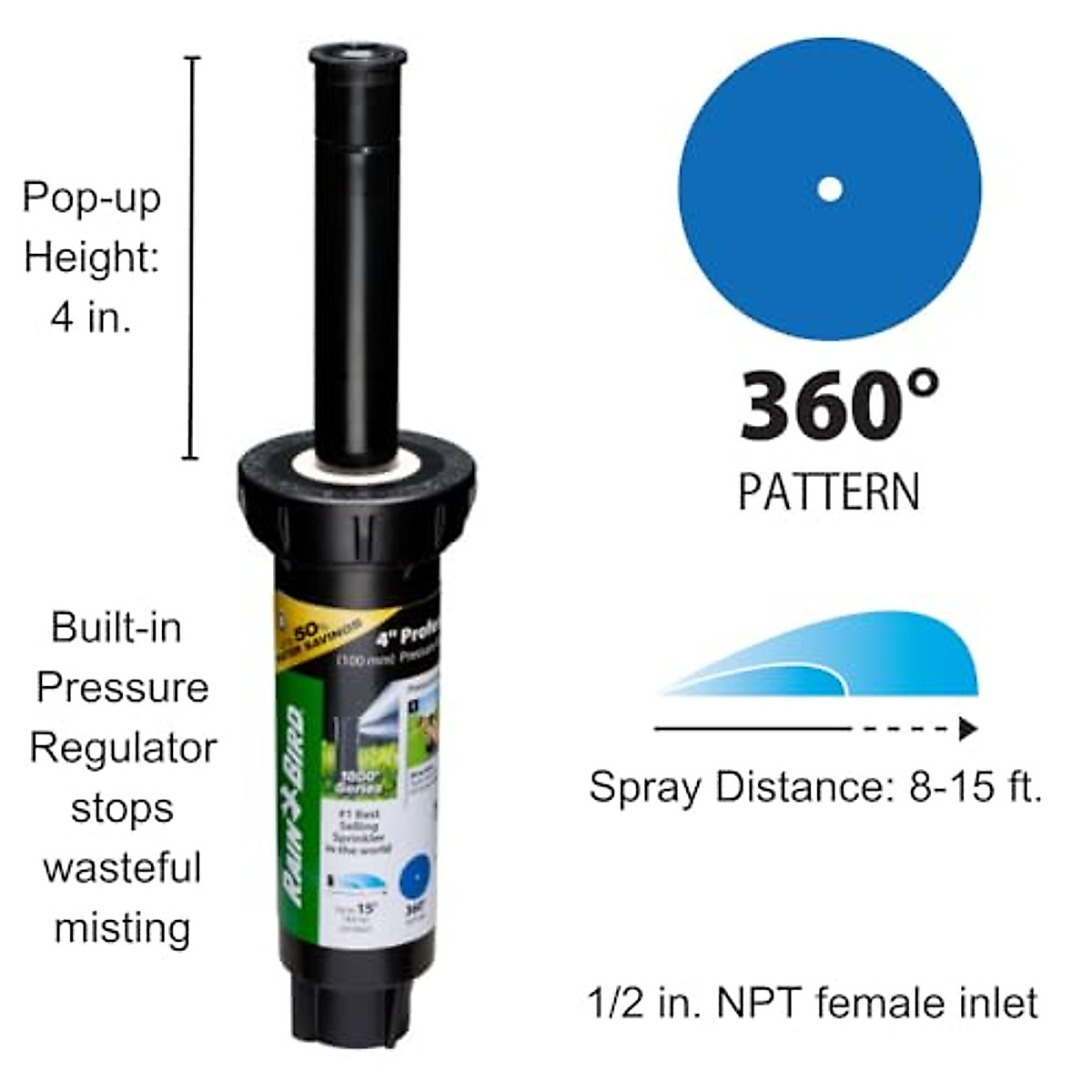 Rain Bird 1804FDSP25 Pressure Regulating (PRS) Professional Dual Spray Pop-Up Sprinkler, 360° Full Circle Pattern, 8' - 15' Spray Distance, 4" Pop-up Height