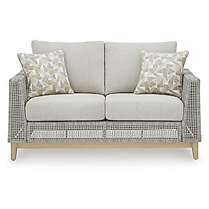 Signature Deisgn by Ashley Seton Creek Outdoor Loveseat with Cushion, 59" W x 37" D x 36" H, Light Brown & Light Gray
