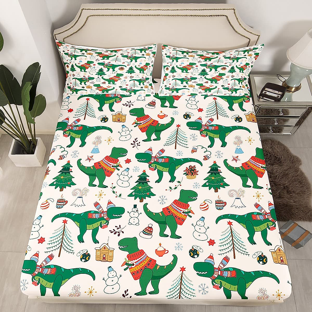 Christmas Sheet Set for Kids Boys Girls Cartoon Dinosaur Christmas Tree Sheets with Deep Pocket Fitted Sheet Snowman New Year Bed Sheets Set Bedroom Decor Xmas Theme Bedding Set Full Size 4Pcs