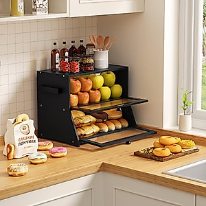 RYLTKISS Bread Box, Large Bread Box with Knife Holder, Large Bread Storage Container for Homemade Bread, Wood Breadbox Organizer for Kitchen Counter Corner, Cabinet, Pantry, Cupboard (Black)