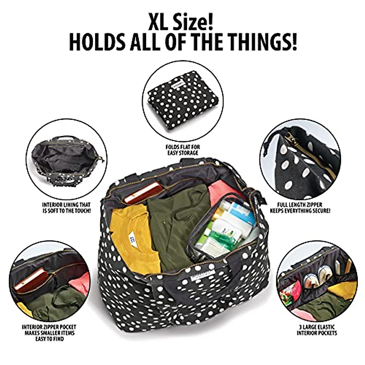 Foundry by Fit + Fresh, All The Things Tote Bag, Luggage, Travel Duffle Bag, Weekender Bags for women, and Beach Bag, B&W Dot extra large