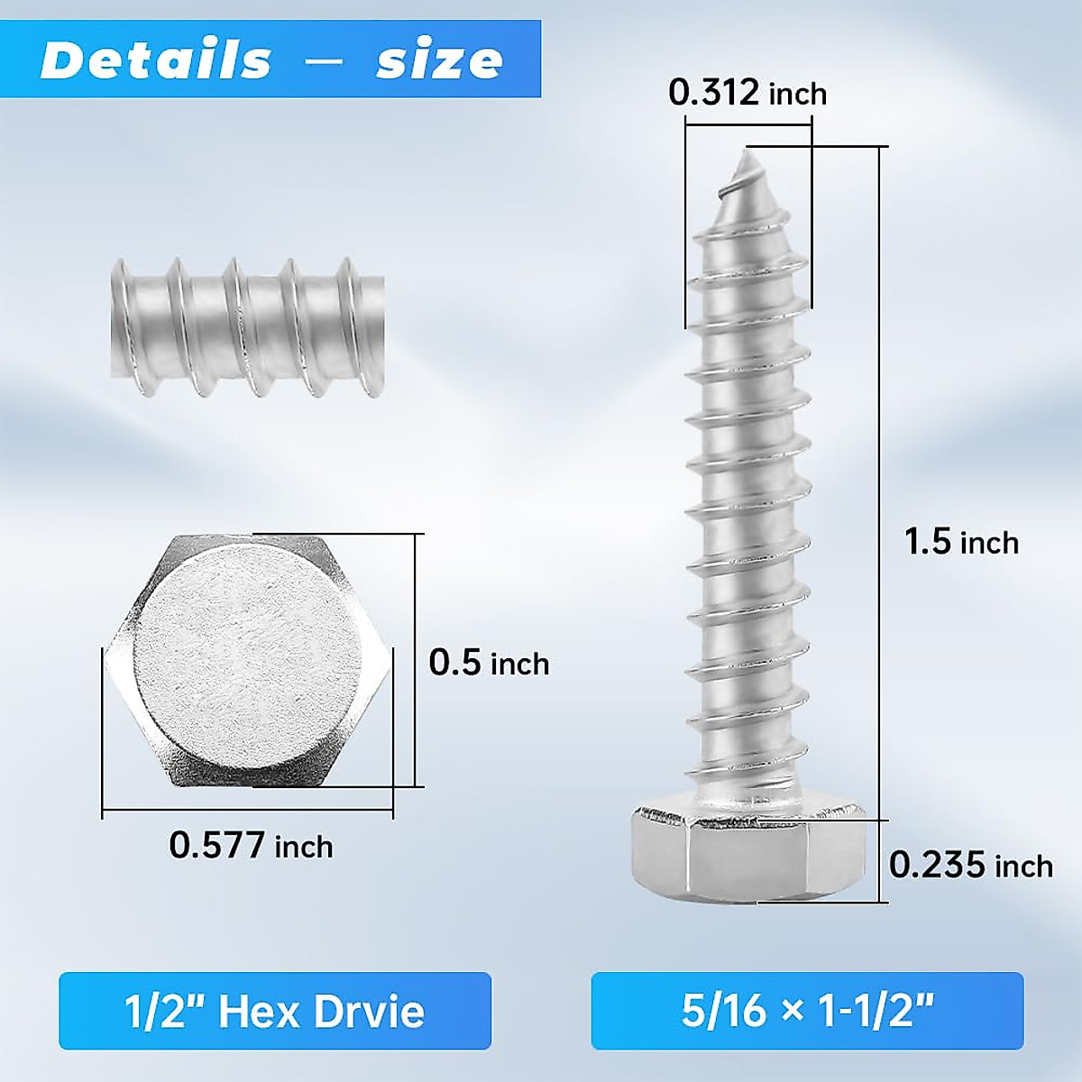 Glvaner (15 pcs) 5/16" x 1-1/2" Stainless Steel Hex Head Lag Bolts, Hexagonal Head Lag Screws, 304 Stainless Steel 18-8, Secure Hold for Wood