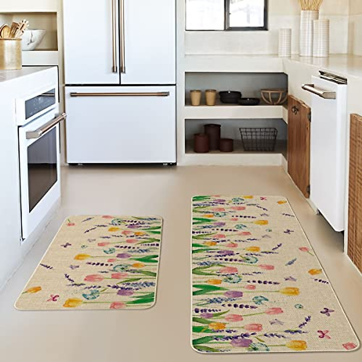 Artoid Mode Lavender Tulip Spring Kitchen Mats Set of 2, Seasonal Flower Summer Home Decor Low-Profile Kitchen Rugs for Floor - 17x29 and 17x47 Inch