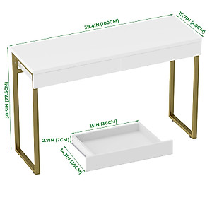 GreenForest Vanity Desk with 2 Drawers,39 inch White Desk with Glossy Desktop Easy Clean,Makeup Dressing Table with Metal Gold Legs for Home Office Small Spaces,Bedroom