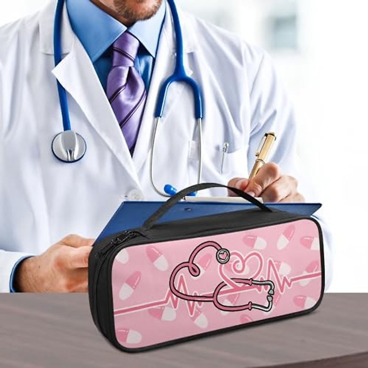 Rnyleeg Nursing Stethoscope Case Pink Heart Pattern Stethoscope Storage Pouch with Extra Room for Bandage Scissors and Penlights