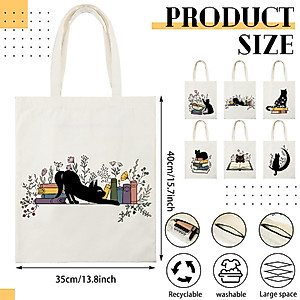 Silkfly 6 Pcs Book Lovers Gifts Aesthetic Canvas Book Tote Bag with Interior Pocket Cute Tote Bag Reusable Shopping Bags(Cat)