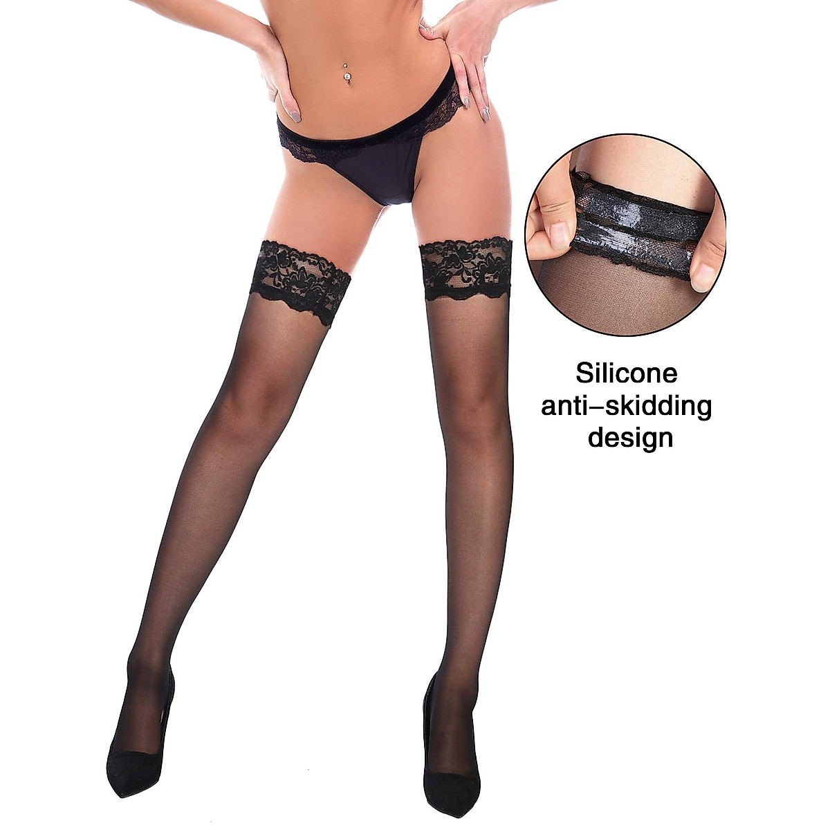 Boao 3 Pairs Women Thigh High Stockings Anti-skid Silicone Lace Stockings Silk Stocking Tights for Women and Girls Supplies, Color Set 1, M