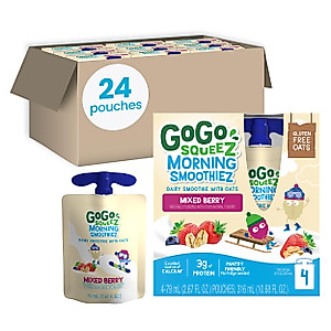GoGo squeeZ Morning smoothieZ, Mixed Berry, 3 oz (Pack of 24), Gluten Free Yogurt, Fruit and Oat Smoothie Snacks for Kids, No Preservatives, No Fridge Needed, BPA Free Squeeze Pouches
