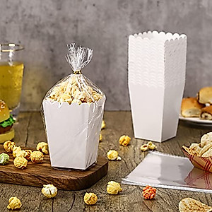 Mini White Popcorn Boxes and Clear Treat Bag Set- Bulk Open Top Paper Popcorn Containers with Treat Bags, Popcorn Candy Boxes for Movie Nights, Party Supplies, 3 x 4 inch (200 Pcs)