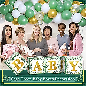 4 Pieces Sage Green Baby Boxes Decoration Baby Shower Backdrop Blocks Gender Reveal Photo Props Greenery Eucalyptus Leaves Gold White Baby Shower Favors Decorations Baby Boxes with Letters for Decor