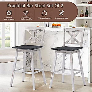 COSTWAY Bar Stools Set of 2, 360 Degree Swivel, 29-inch Height Chairs w/Non-Slip Foot Pads, Rubber Wood Bar Chairs, Vintage Bar Stools for Home, Restaurant (White)