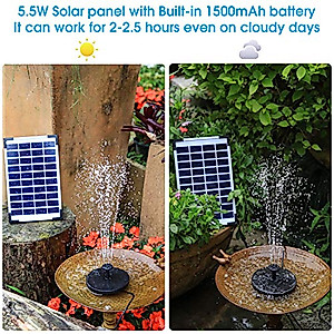 AISITIN 5.5W Solar Fountain Pump Built-in 1500mAh Battery, Solar Bird Bath Fountain with 6 Nozzles, Solar Floating Water Fountain Pump for Bird Bath, Fish Tank, Pond, Garden and Outdoor