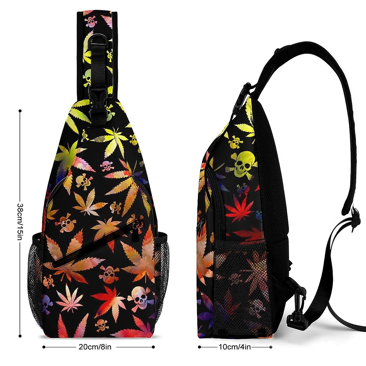 Lightweight Chest Shoulder Backpack For Travel Hiking Sling Bag Cross Body Personal Pocket Bag Compatible with Trippy Colorful Cannabis Marijuana Weed Leaf Skull Crossbones Black