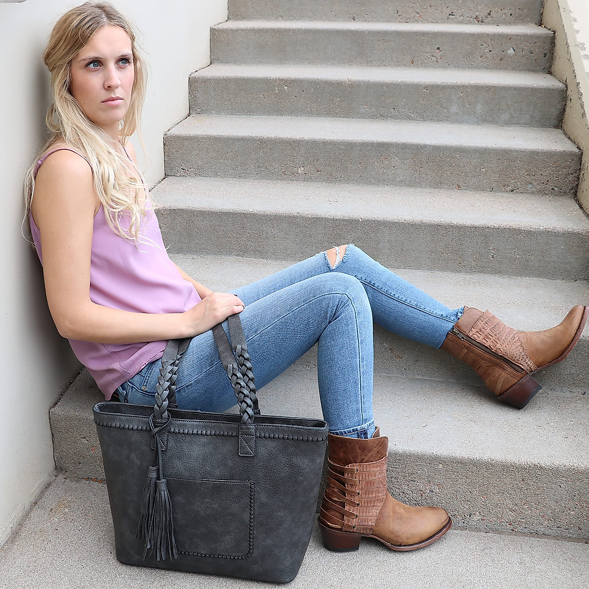 Lady Conceal Concealed Carry Purse - Locking Cora Stitched Gun Tote (Gray)