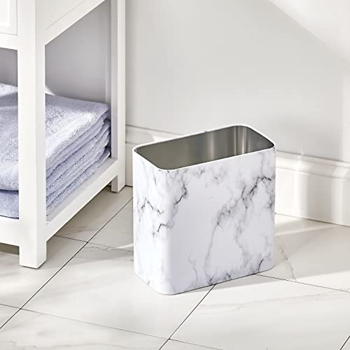 mDesign Small Rectangular Steel Trash Can, Narrow Wastebasket, Slim Garbage Container Bin, 2.4 Gallon for Bathroom, Bedroom, Kitchen, Home Office, Dorm, Recycling Waste Basket - Marble Print, Pack of 1