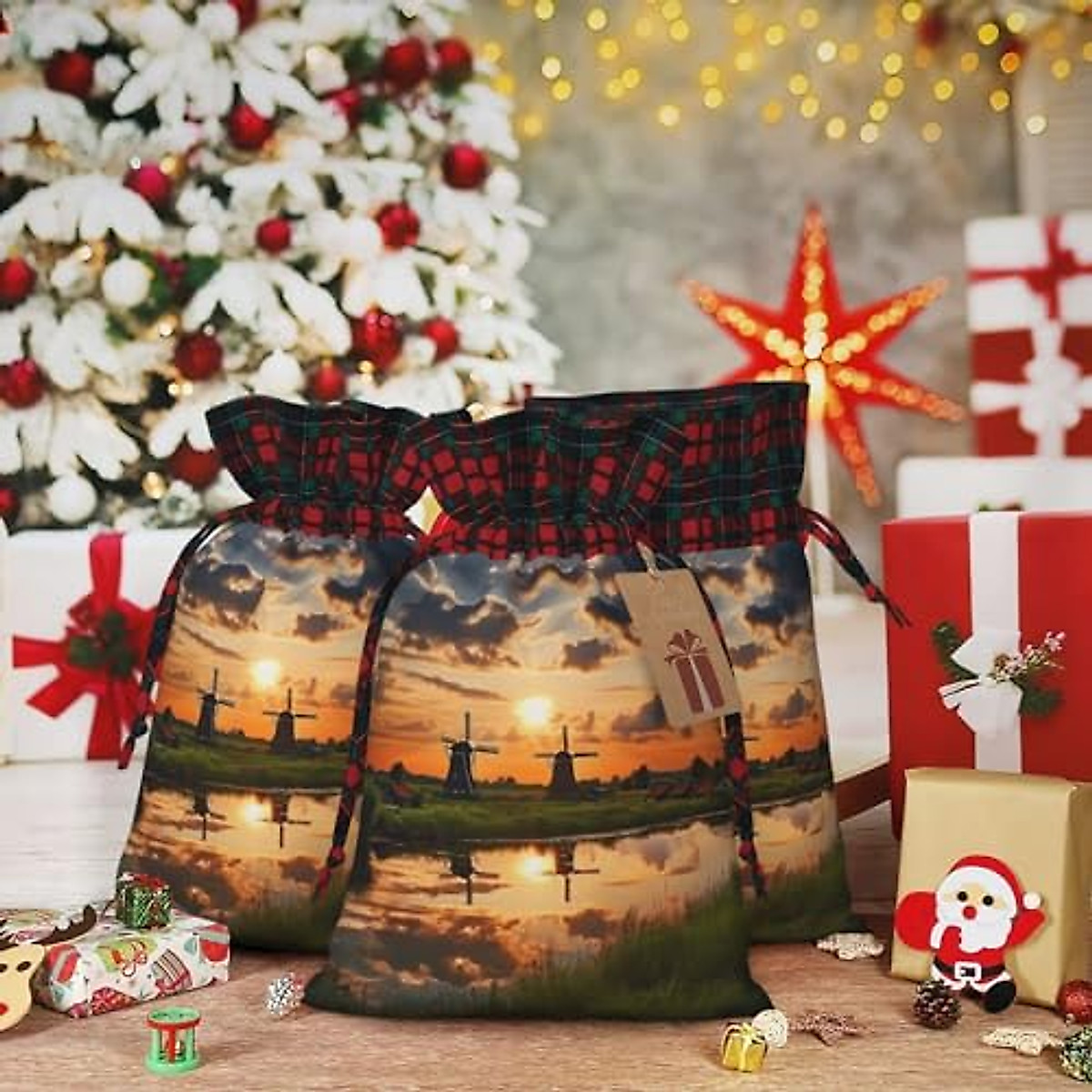 Christmas Gift Bags with Drawstring Burlap Gift Bags view of the Netherlands Christmas Linen Bags for Xmas Party Candy Bags with Cards Xmas Reusable Wrapping Bags Christmas Linen Treat Bags for Holiday