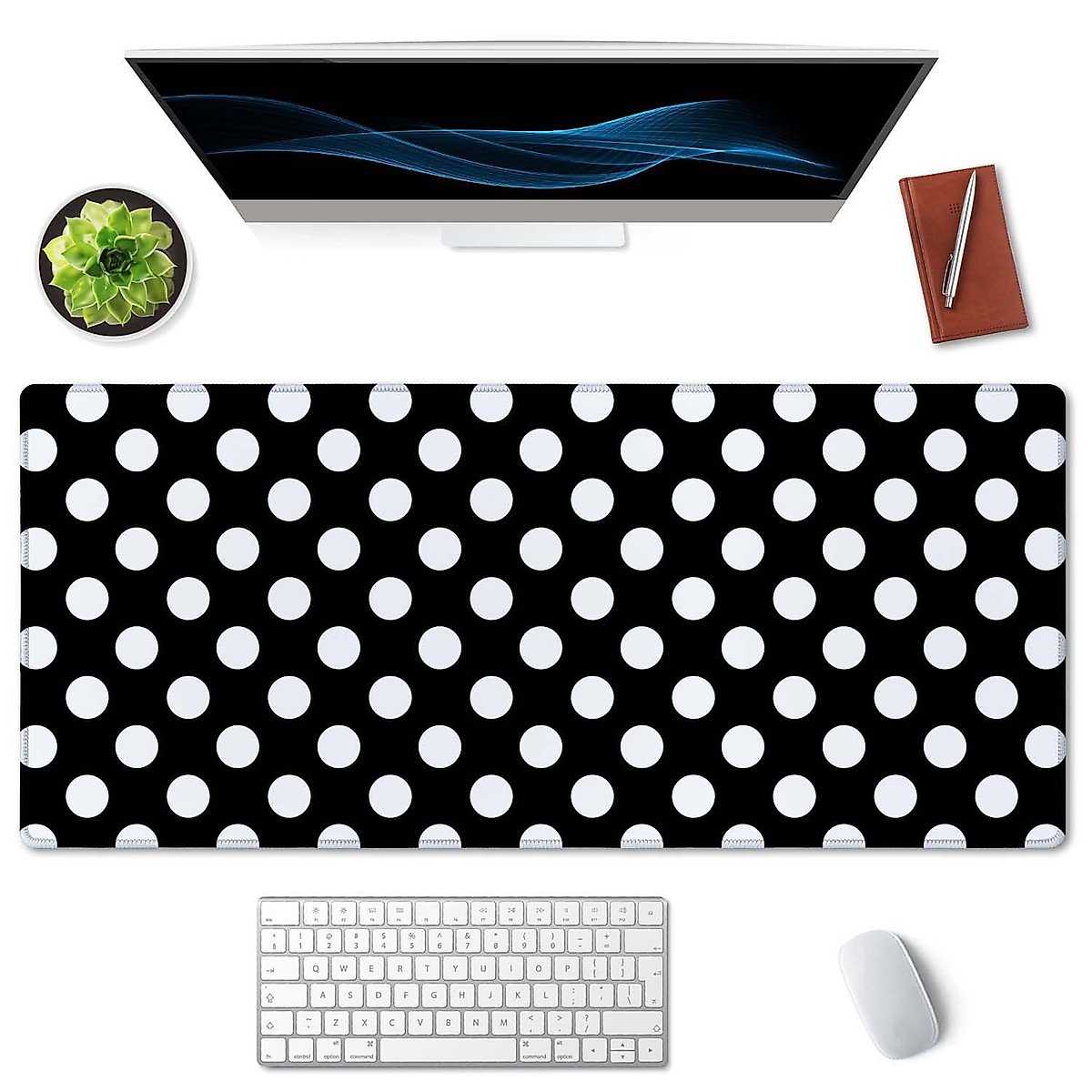 SSOIU Extended Gaming Mouse Pad (35.5x15.7 in), Large Stable Rubber Base Mousepad with Stitched Edges, Keyboard Mouse Mat Desk Pad for Work, Game, Office, Home - Black and White Polka Dot